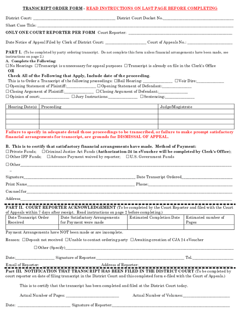 Fillable Online TRANSCRIPT ORDER FORM (DKT-13) - READ INSTRUCTIONS ON ...