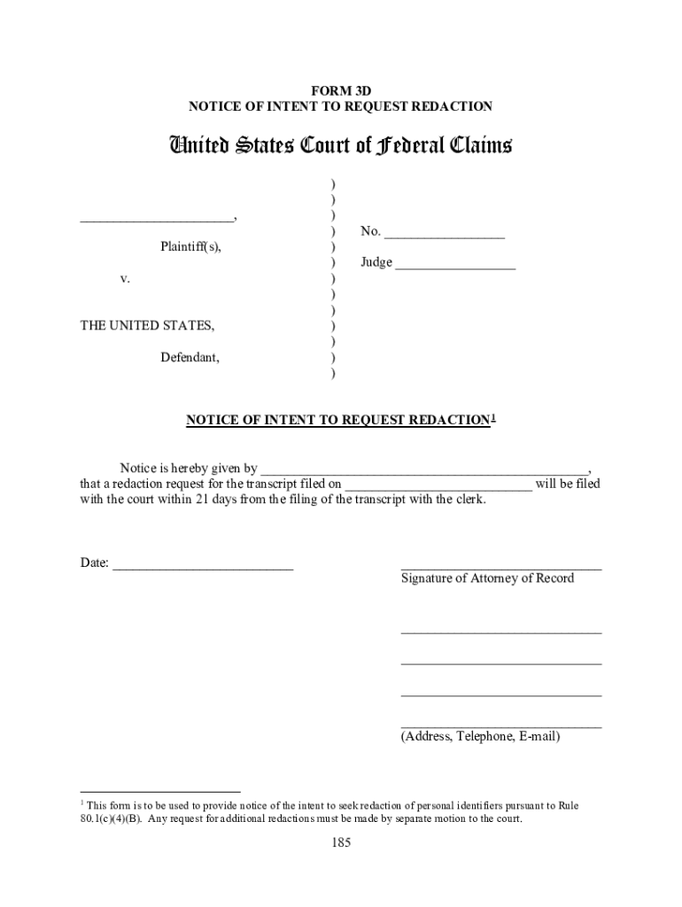 Fillable Online FORM 3D NOTICE OF INTENT TO REQUEST REDACTION United ...