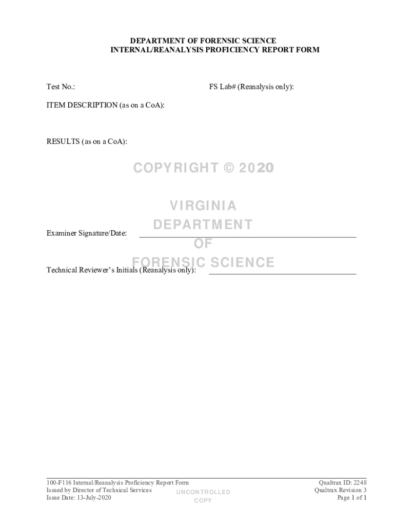 Fillable Online 100-F116 Internal Reanalysis Proficiency Report Form ...