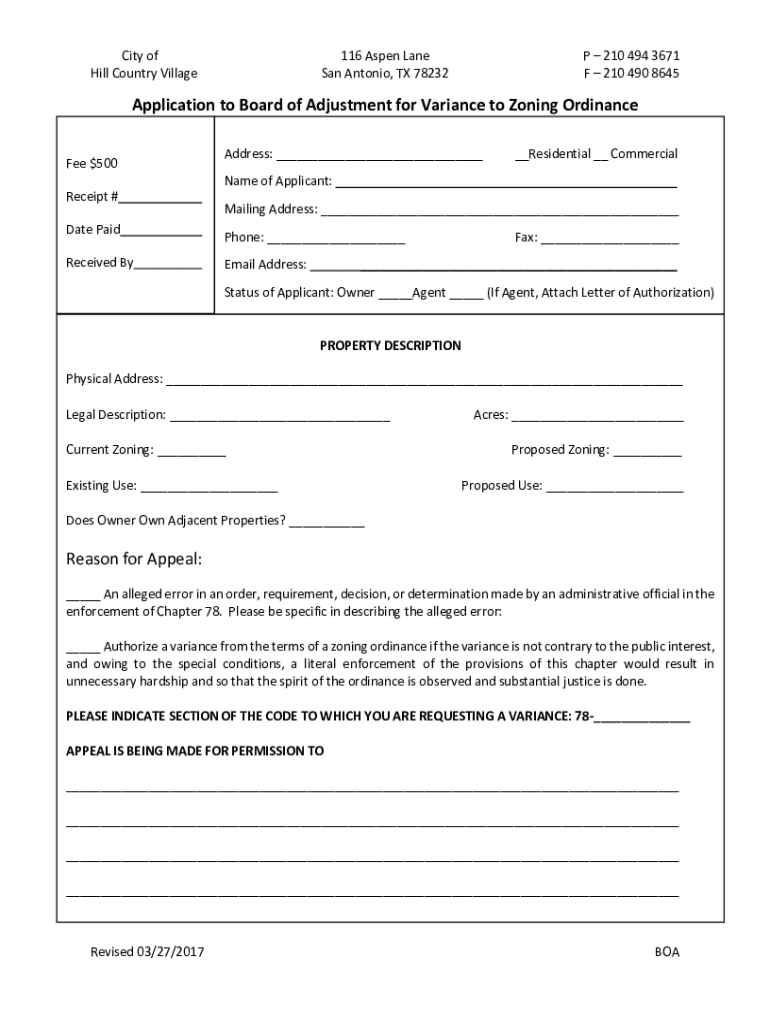 Fillable Online Application for a Variance, Change to the Zoning ...