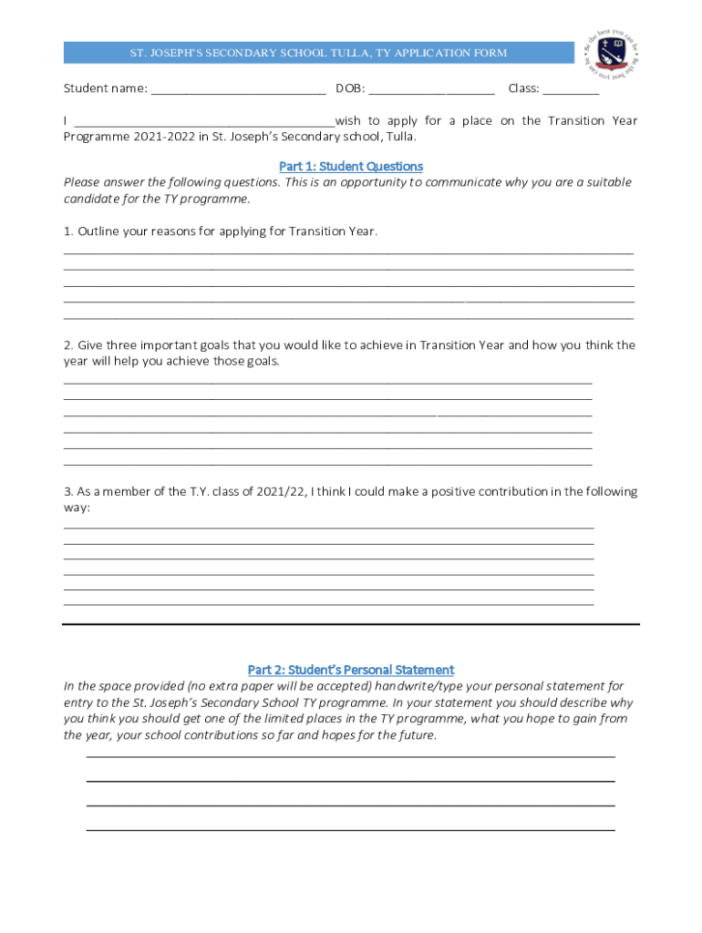 Fillable Online St. Josephs Secondary School Tulla, TY APPLICATION FORM ...