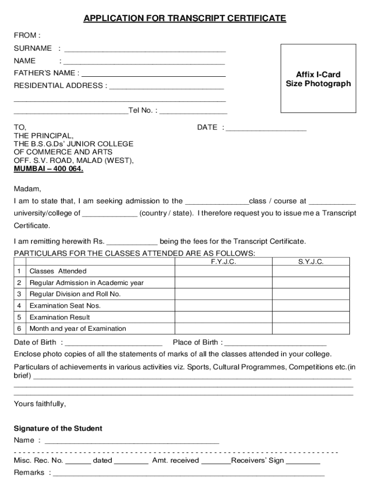 Fillable Online nkc ac APPLICATION FOR TRANSCRIPT CERTIFICATE Fax Email ...