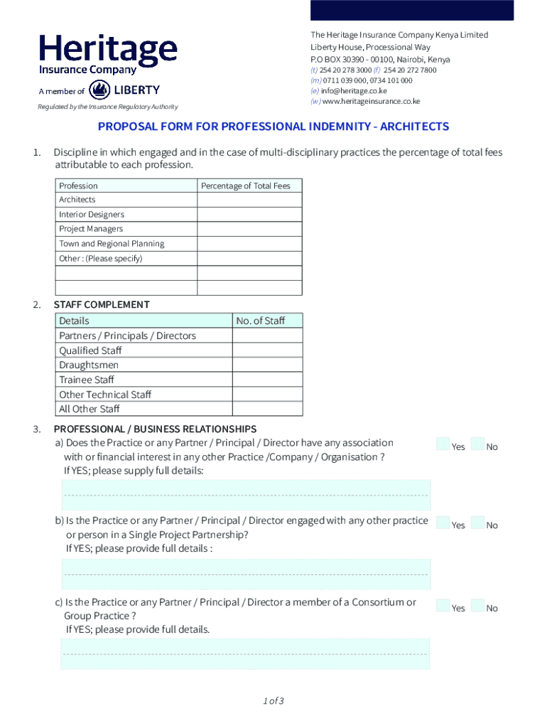 Fillable Online PROPOSAL FORM FOR PROFESSIONAL INDEMNITY - Heritage ...