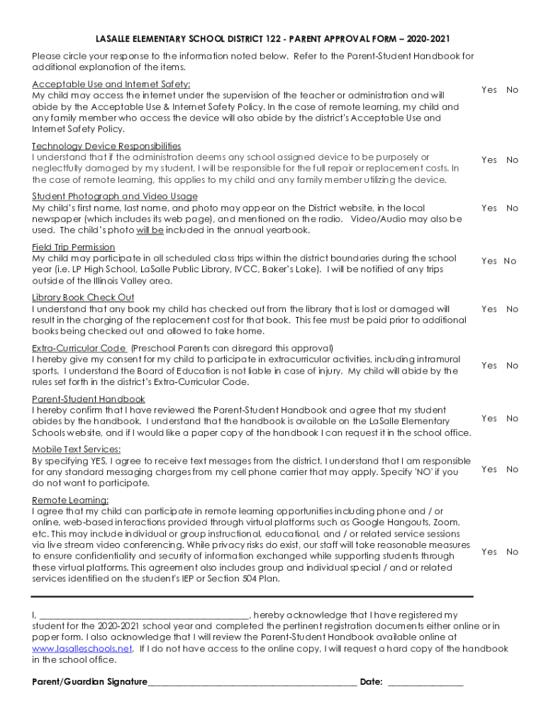 Fillable Online 2. Parent Approval Form 20-21 - LaSalle Elementary ...