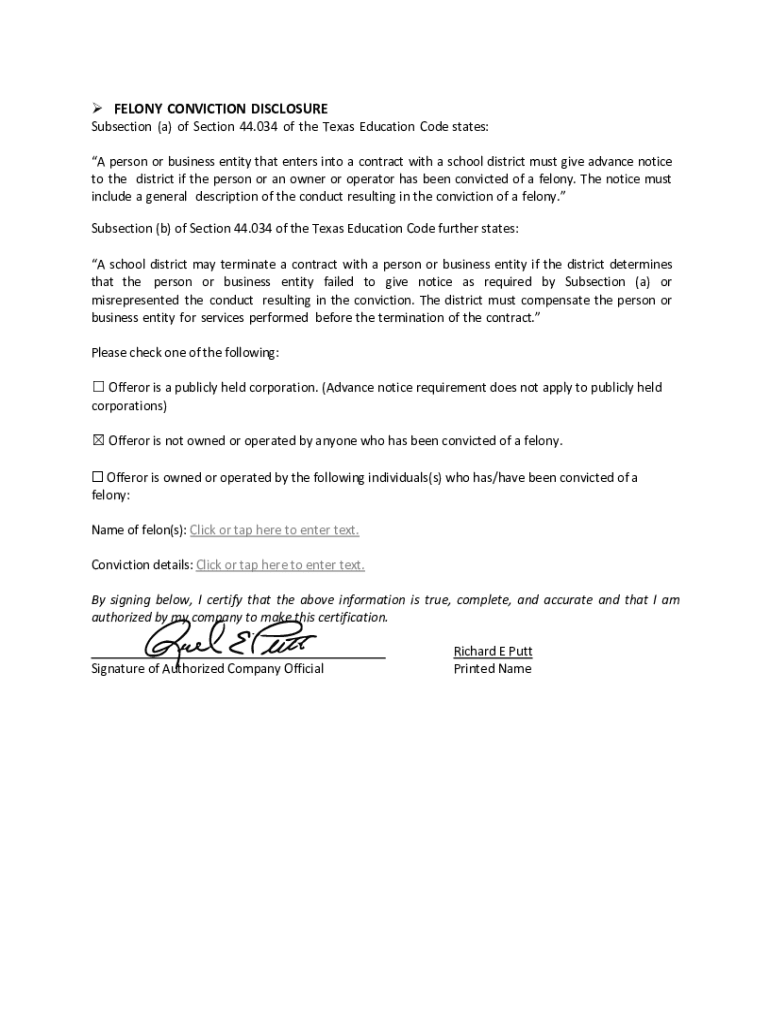 Fillable Online FELONY CONVICTION DISCLOSURE Subsection (a) of Section ...