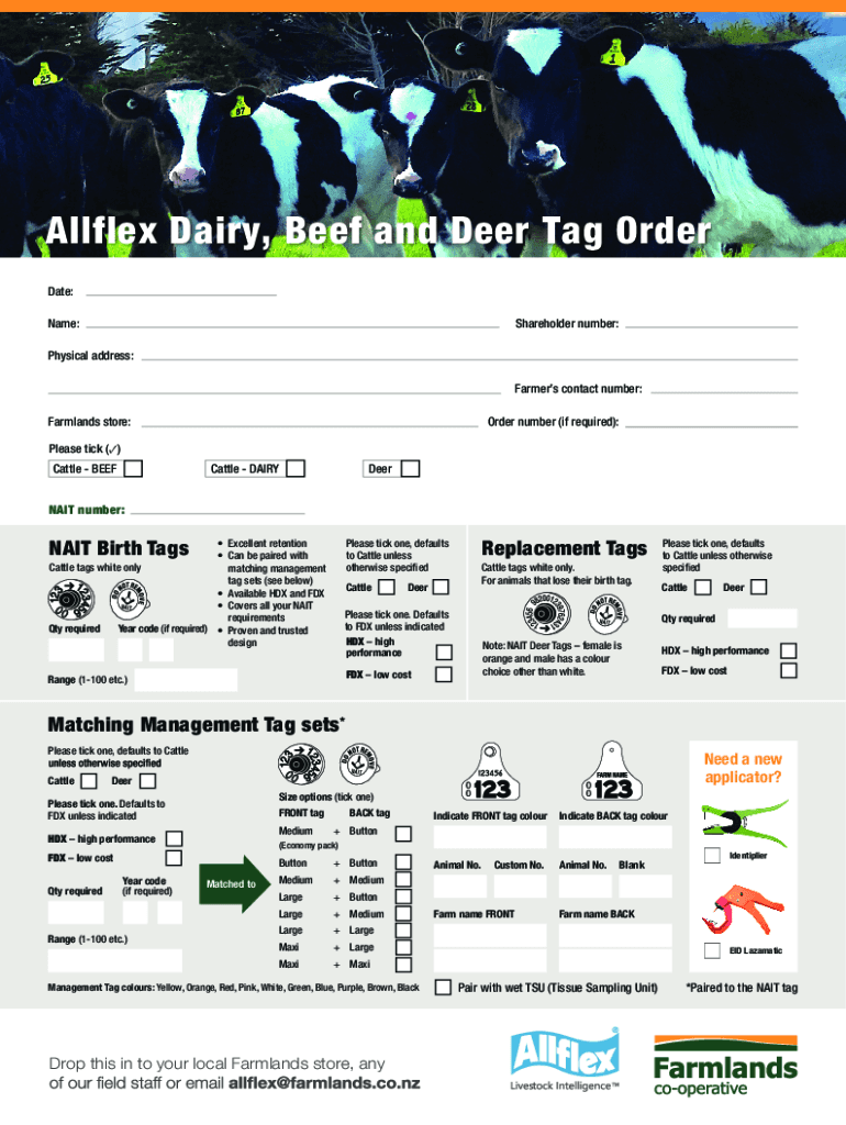 Fillable Online Allflex Farmlands NAIT Dairy, Beef and Deer Tag Order ...