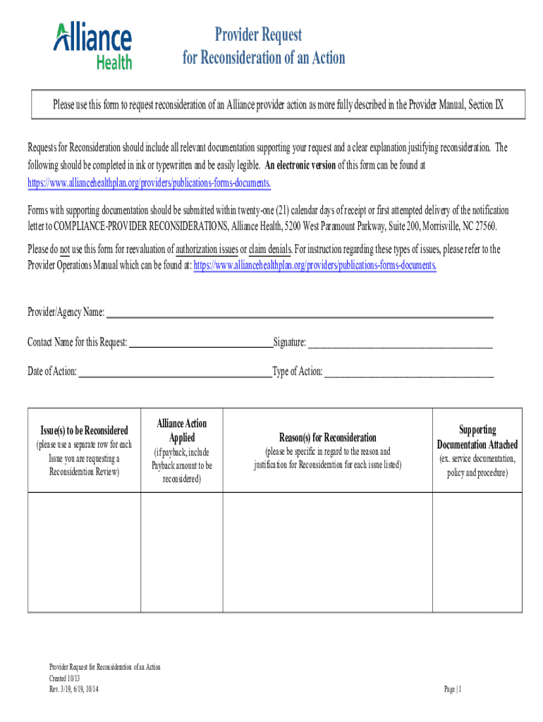Fillable Online Provider Request for Reconsideration of an Action Fax Email Print - pdfFiller