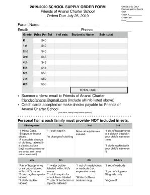 Fillable Online 2019-2020 School supplies ORDER FORM Fax Email Print ...