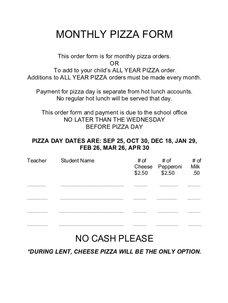 Fillable Online MONTHLY PIZZA FORM Fax Email Print - pdfFiller