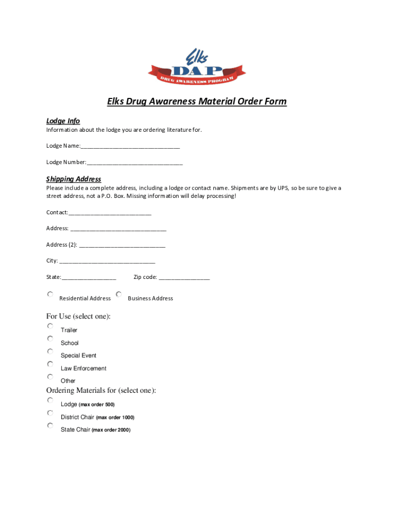 Fillable Online Elks Drug Awareness Material Order Form - kselks.org ...