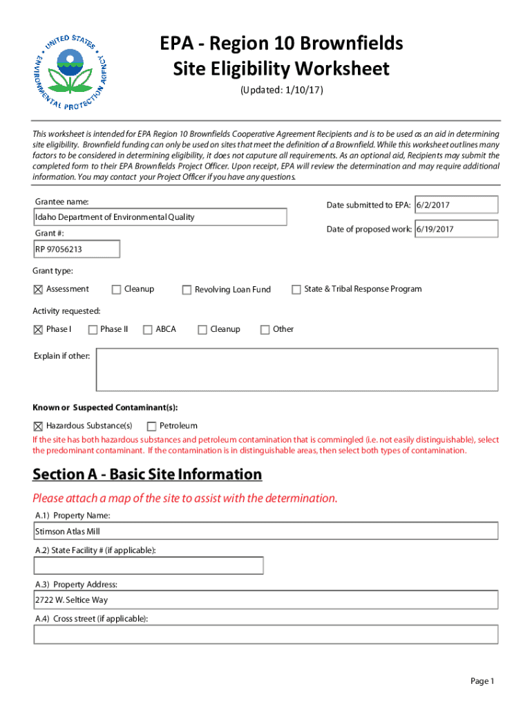 Fillable Online EPA - Region 10 Brownfields Site Eligibility Worksheet ...