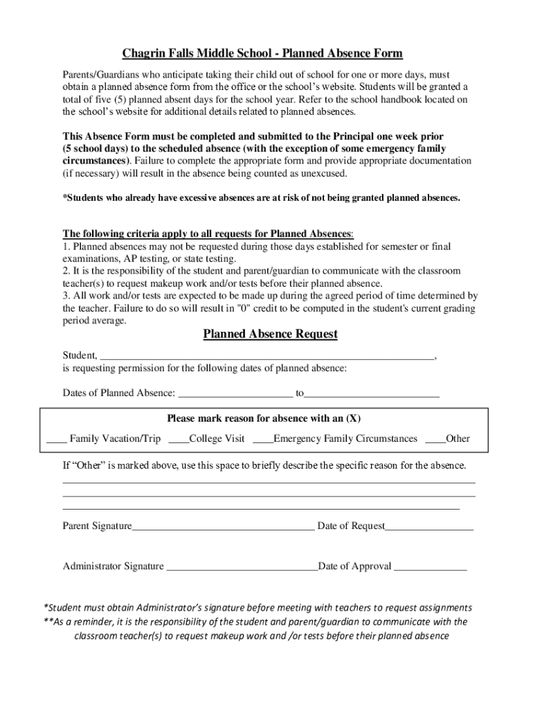 Fillable Online Chagrin Falls Middle School - Planned Absence Form Fax Email Print - pdfFiller