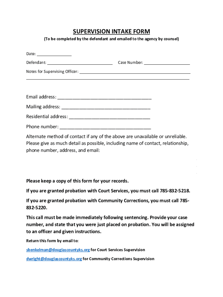 Fillable Online SUPERVISION INTAKE FORM Fax Email Print - pdfFiller