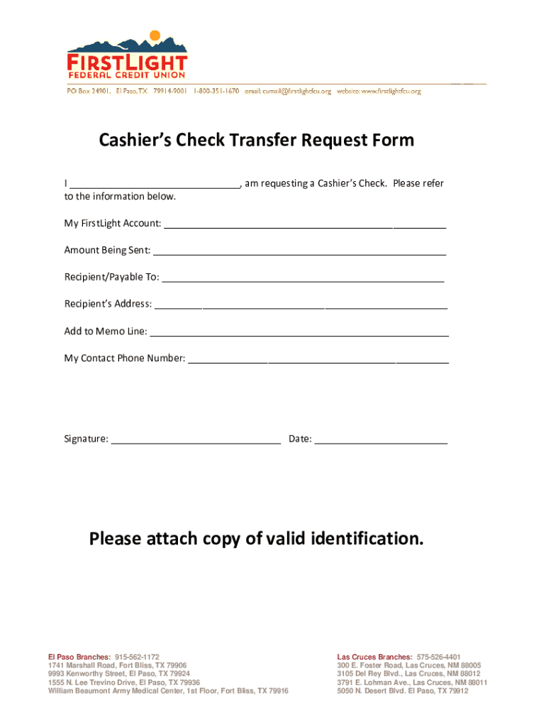 Fillable Online Cashiers Check Transfer Request Form Fax Email Print ...