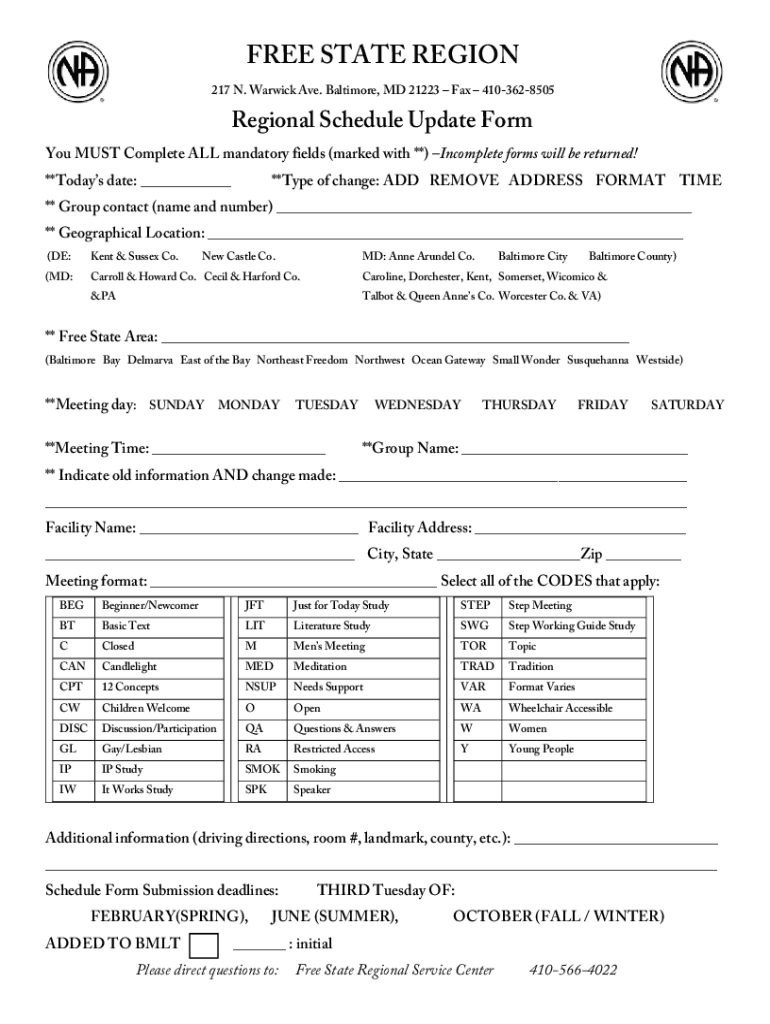 Fillable Online Free State Regl Svc Ctr-Narc 217 N Warwick Ave ...