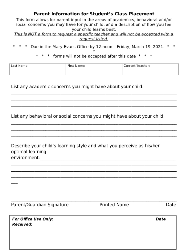 Parent Ination for Student's Class Placement This ... Doc Template | pdfFiller