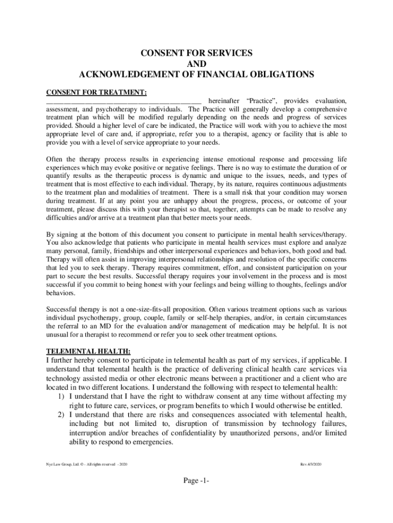 Fillable Online CONSENT FOR SERVICES AND ACKNOWLEDGEMENT OF FINANCIAL ...