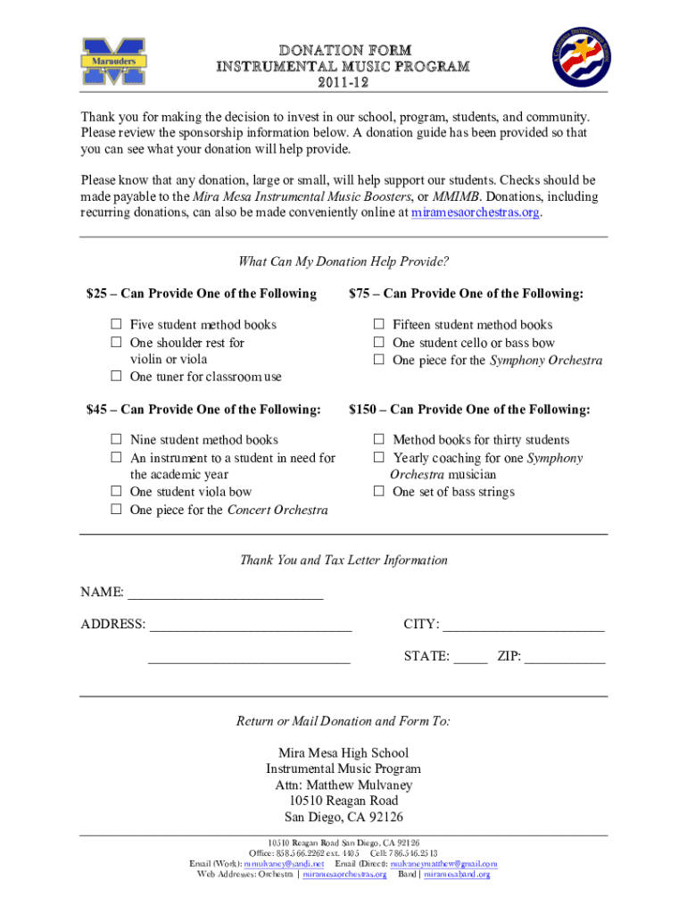 Fillable Online Instrument Donation ProgrammusicopiaWrite a Thank You ...