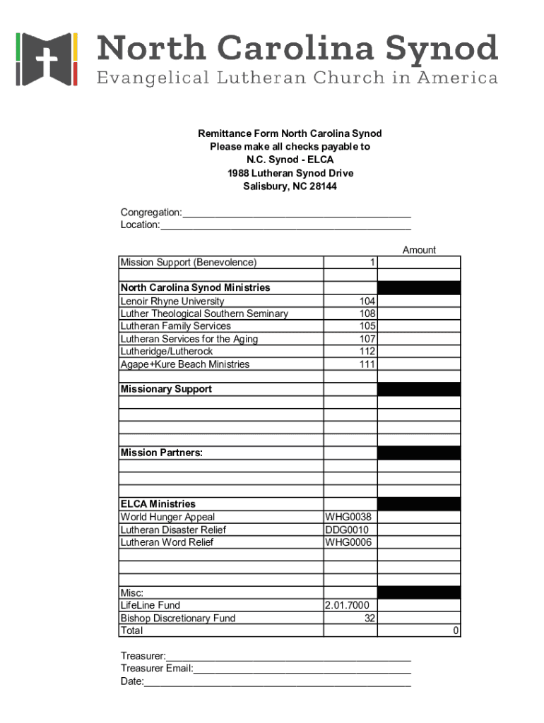 Fillable Online Remittance Form North Carolina Synod Please make all ...