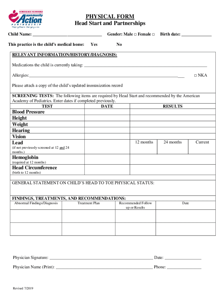 Fillable Online PHYSICAL FORM Head Start and Partnerships Fax Email ...
