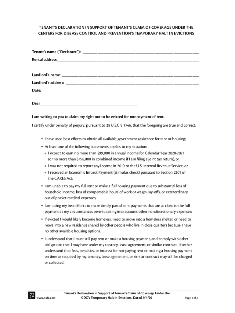 Fillable Online TENANTS DECLARATION IN SUPPORT OF TENANTS CLAIM OF ...