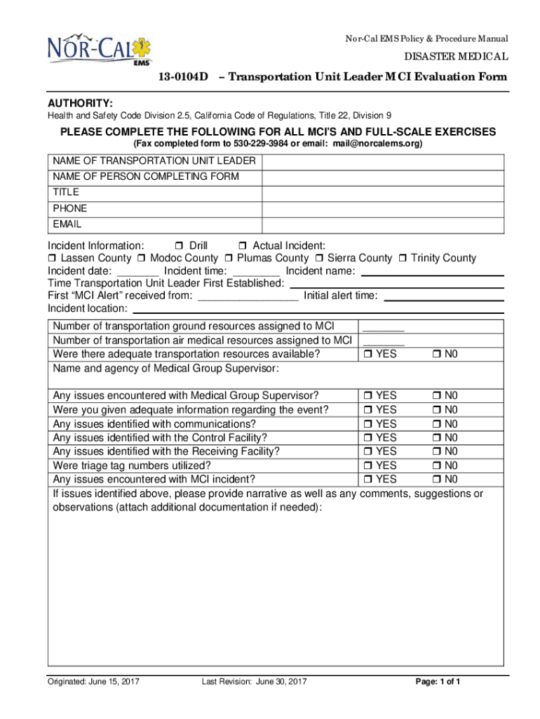 Fillable Online 13-0104D Transportation Unit Leader MCI Evaluation Form ...