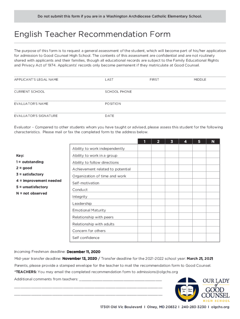 Fillable Online High School Admissions - Archdiocese of Washington ...