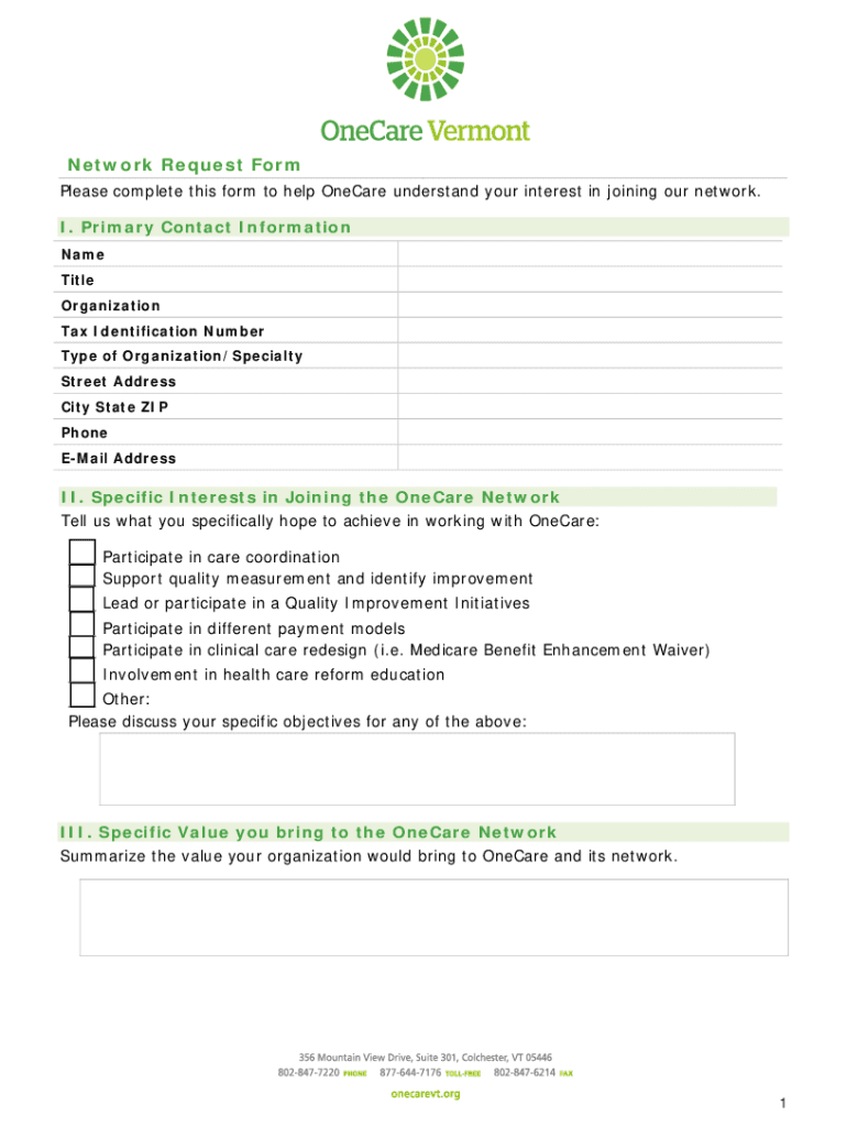Fillable Online Network Request Form - OneCare Vermont Fax Email Print ...