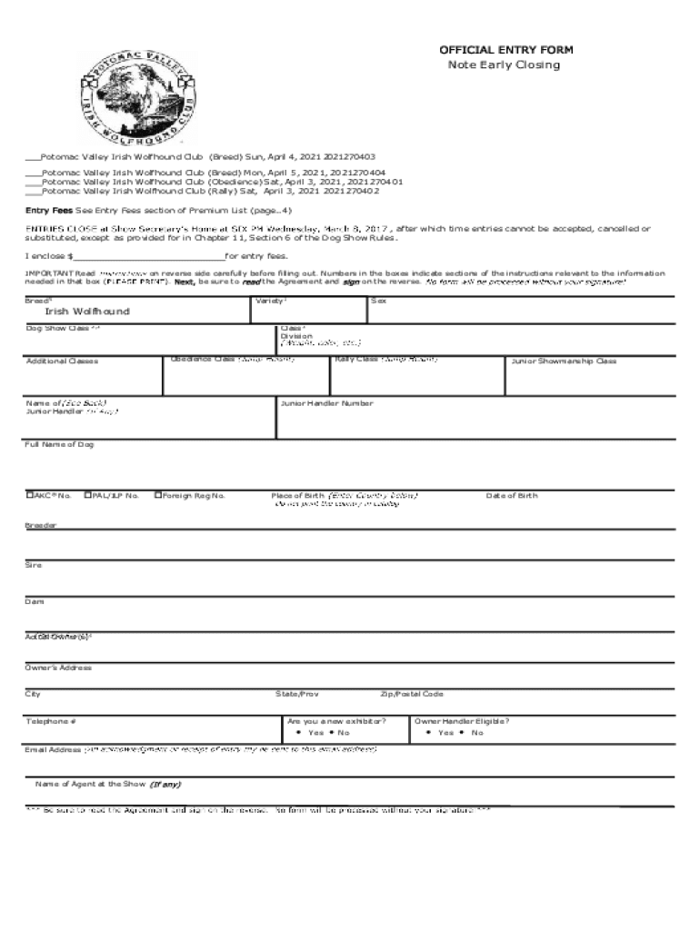 Fillable Online Note Early Closing - Potomac Valley Irish Wolfhound Club ... Fax Email Print ...