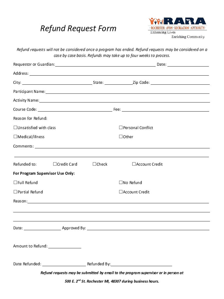 Fillable Online Refund Request Form - RARArecreation Fax Email Print ...