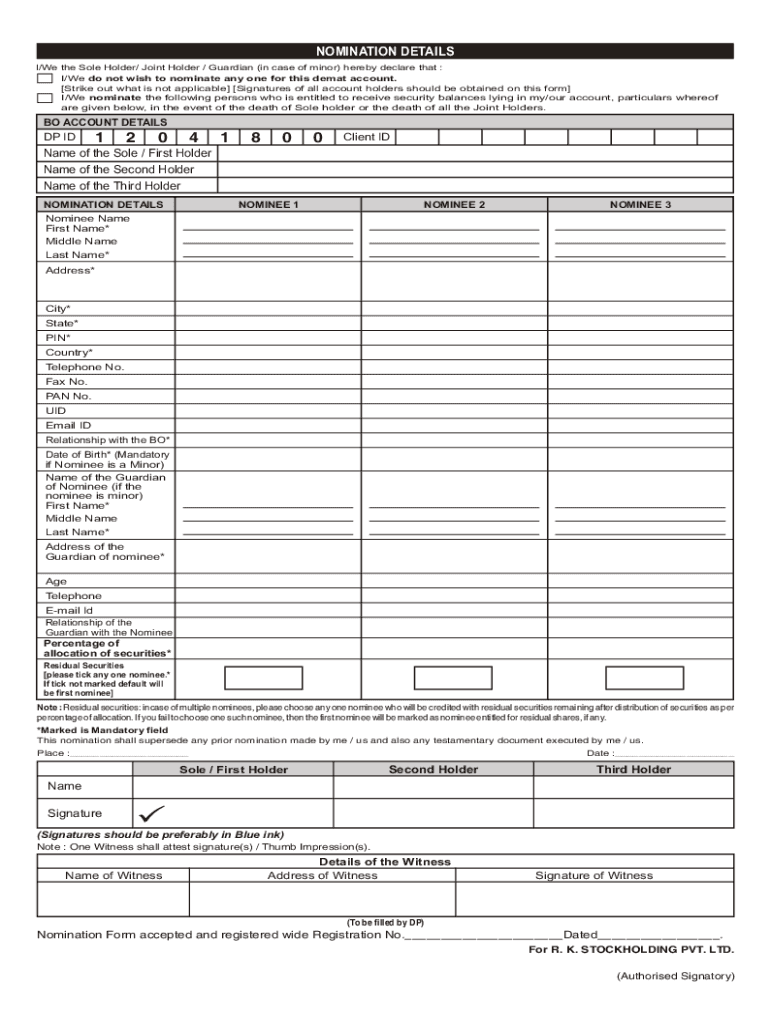 Fillable Online FORM FOR NOMINATION (CDSL) (To be filled in by ...