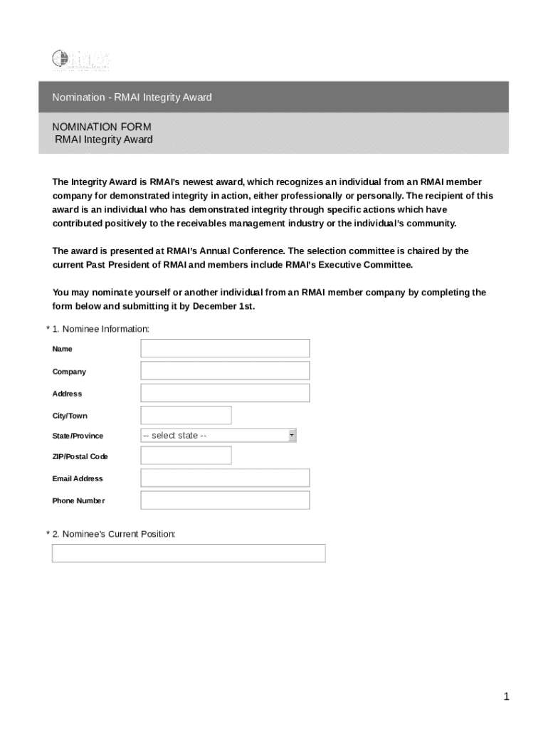 Fillable Online Integrity Awards Sample Application Fax Email Print ...