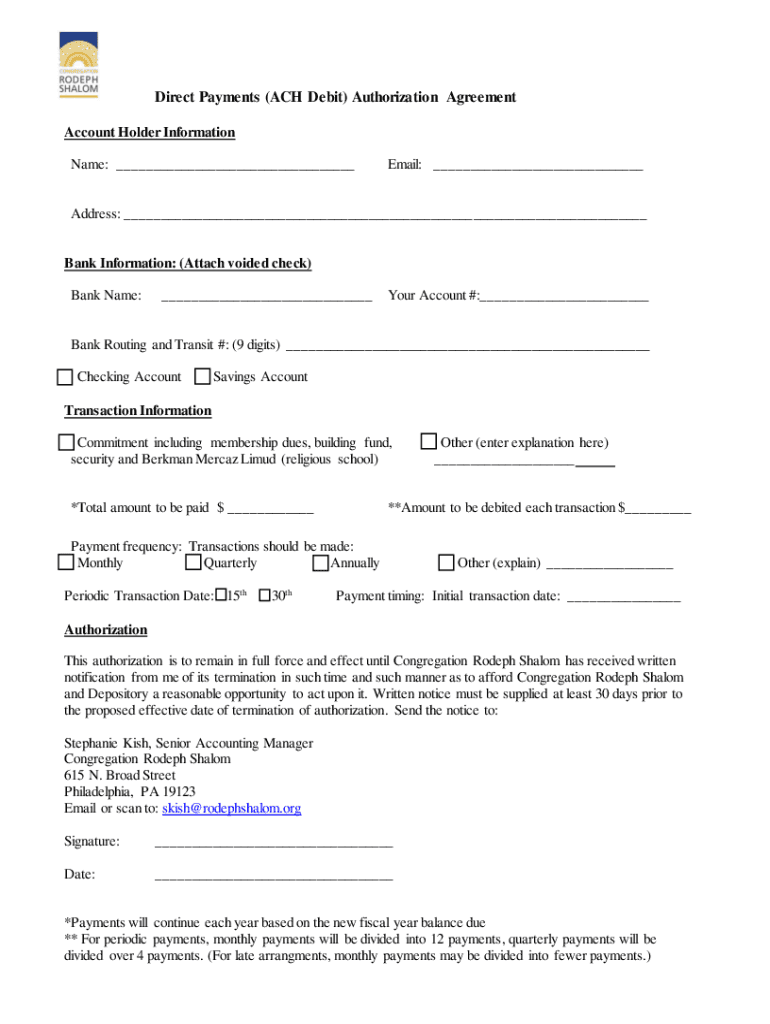 Fillable Online Direct Payments (ACH Debit) Authorization Agreement Fax Email Print - pdfFiller