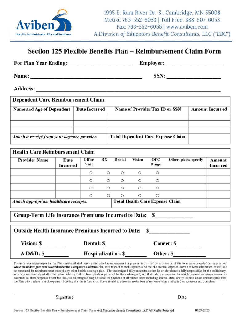 Fillable Online Section 125 Flexible Benefits Plan Reimbursement Claim ...
