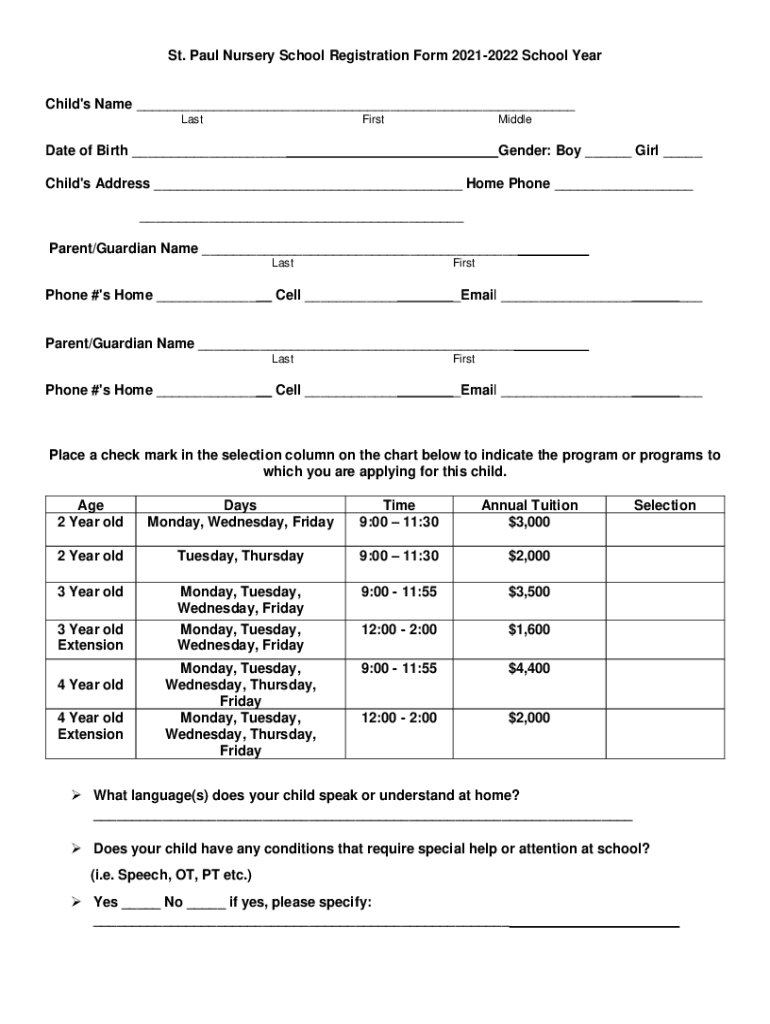 Fillable Online St. Paul Nursery School Registration Form 2021-2022 ...