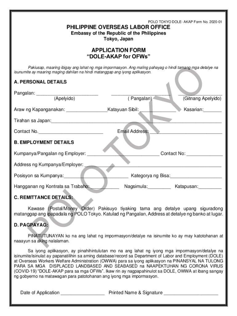 Fillable Online APPLICATION FORM DOLE AKAP for OFWs - POLO Tokyo Fax ...