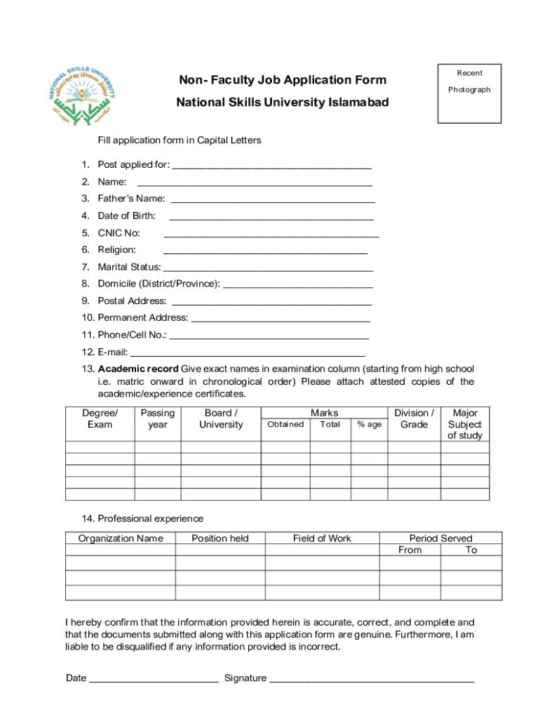Fillable Online Recent Non- Faculty Job Application Form National ...