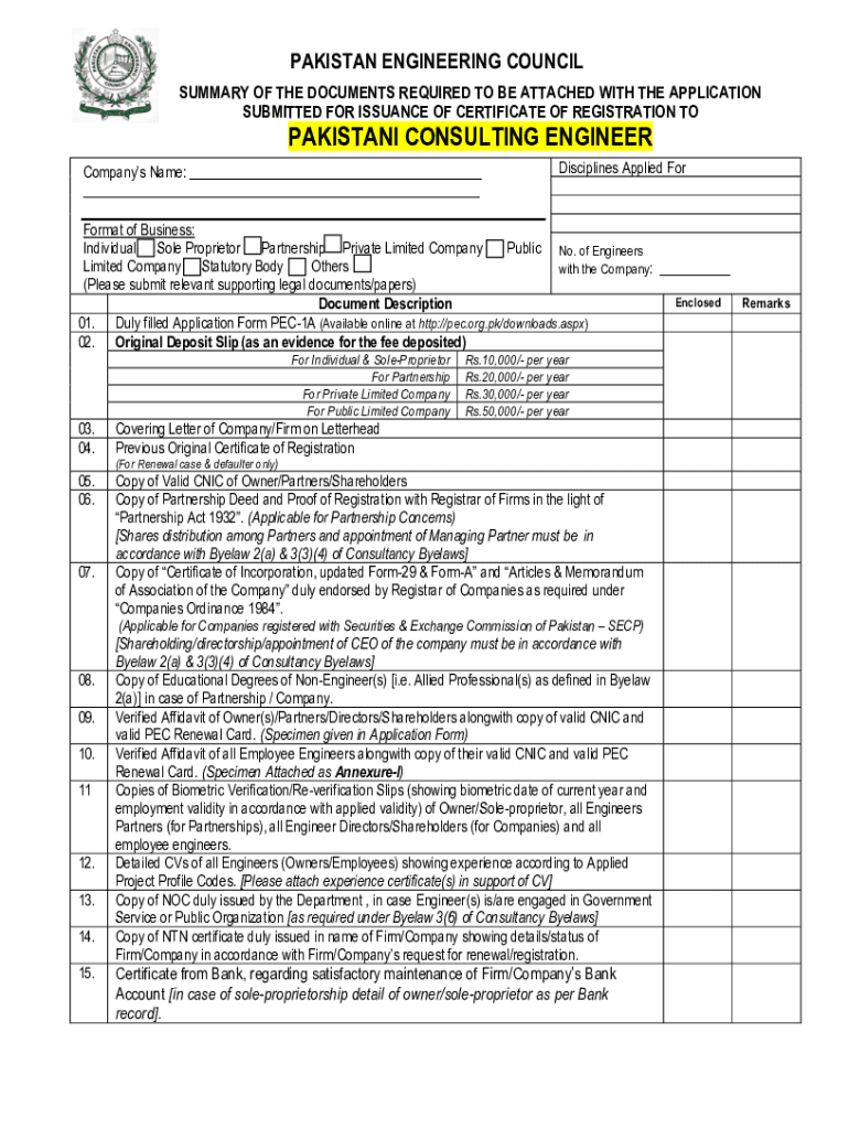 Fillable Online pec org SUMMARY OF THE DOCUMENTS REQUIRED TO BE ...