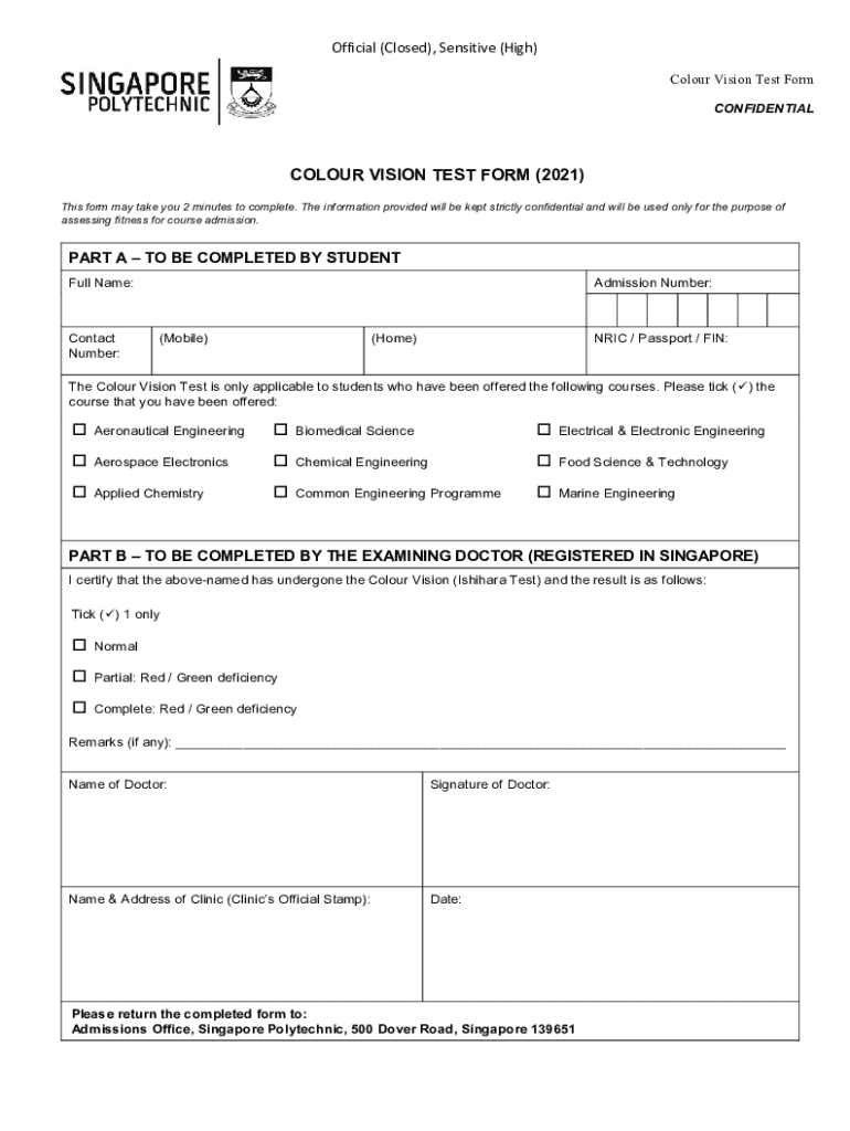 Fillable Online Colour Vision Test Form - Singapore Polytechnic Fax ...