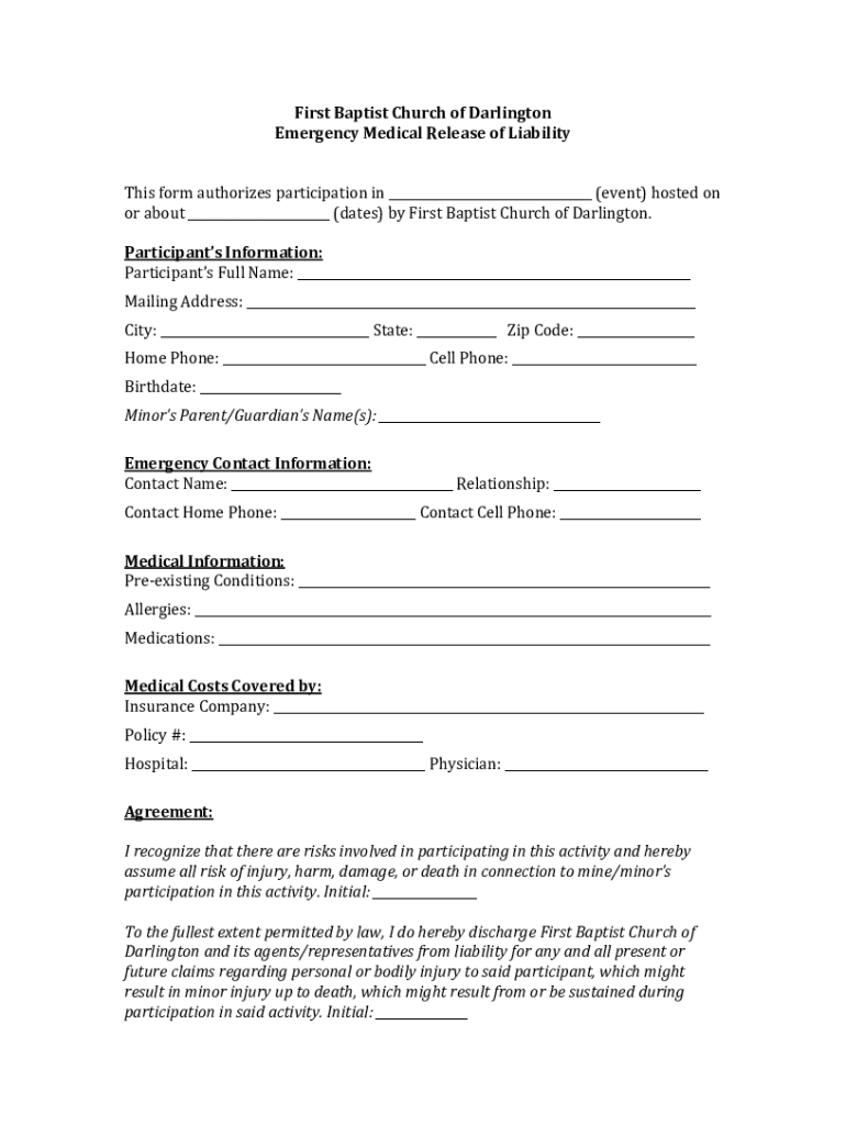 Fillable Online First Baptist Church of Darlington Emergency Medical ...