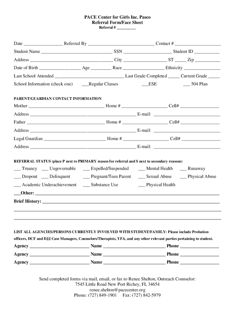 Fillable Online PACE Center for Girls Inc. Pasco Referral Form/Face Sheet ... Fax Email Print ...
