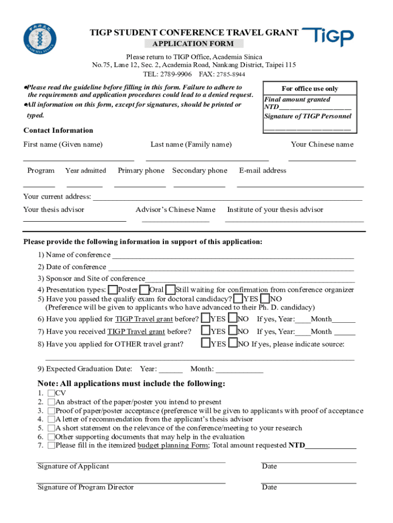 Fillable Online GRADUATE STUDENT TRAVEL GRANT APPLICATION - tigp.sinica ...