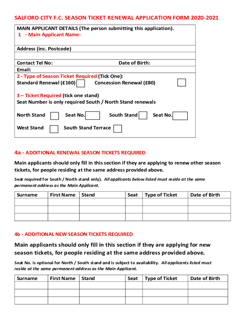 Fillable Online SALFORD CITY F.C. NEW SEASON TICKET APPLICATION FORM ...