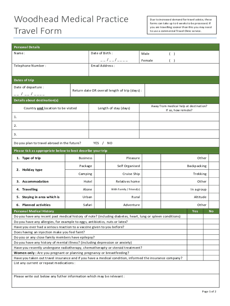 Fillable Online Woodhead Medical Practice Travel Form to use a ...
