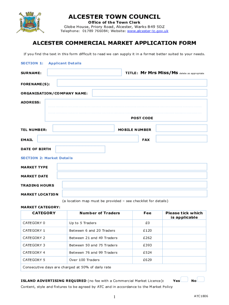Fillable Online ALCESTER COMMERCIAL MARKET APPLICATION FORM Fax Email ...
