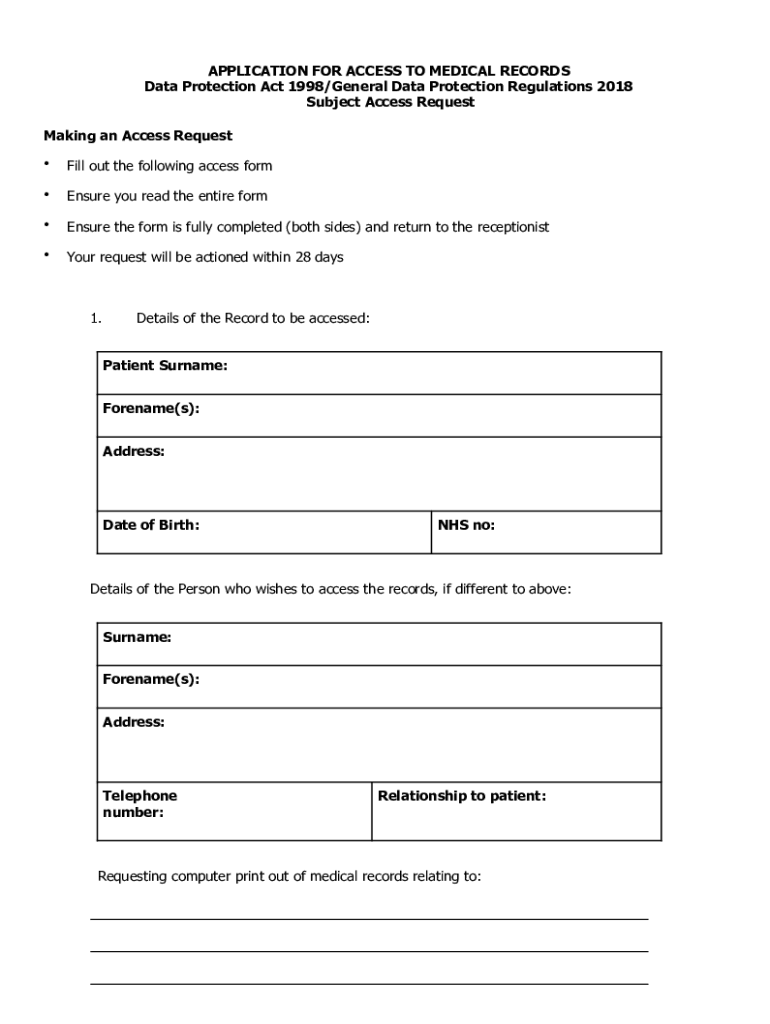 Fillable Online APPLICATION FOR ACCESS TO MEDICAL RECORDS Subject ...