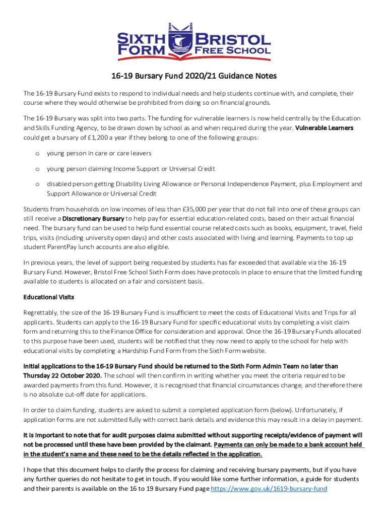 Fillable Online BFS Sixth Form 16-19-Bursary Fund Application and ...