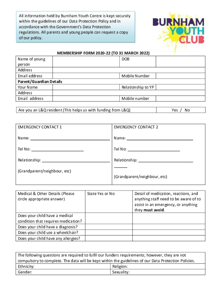 Fillable Online JUNIOR YOUTH CLUB REGISTRATION FORM Fax Email Print ...