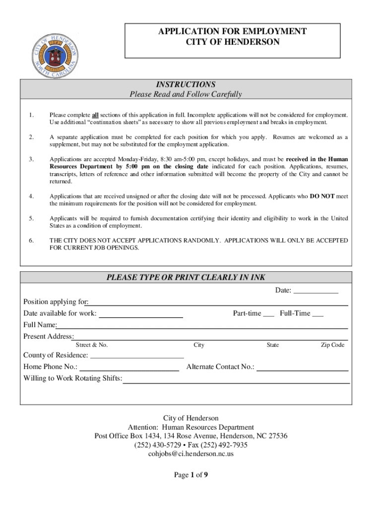 Fillable Online The City of Henderson Application for Employment Fax ...