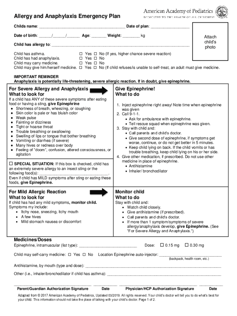Fillable Online Allergy and Anaphylaxis Emergency Plan - AAP.org Fax ...